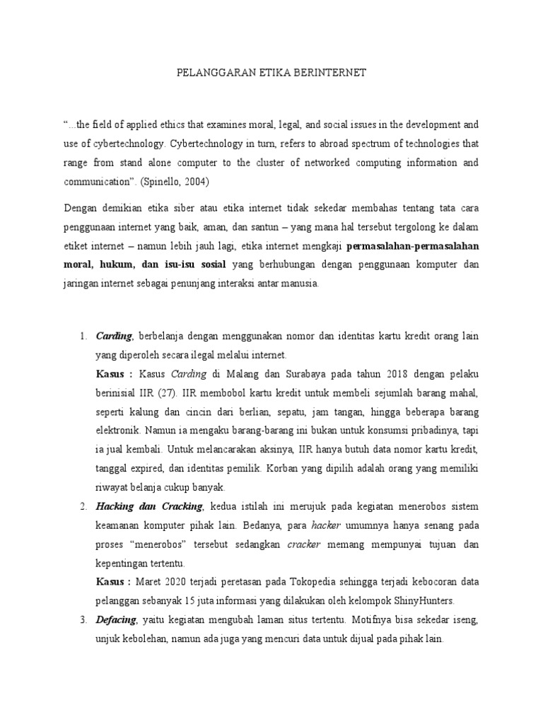 Pelanggaran Etika Berinternet dan Contohnya | PDF | Hukum