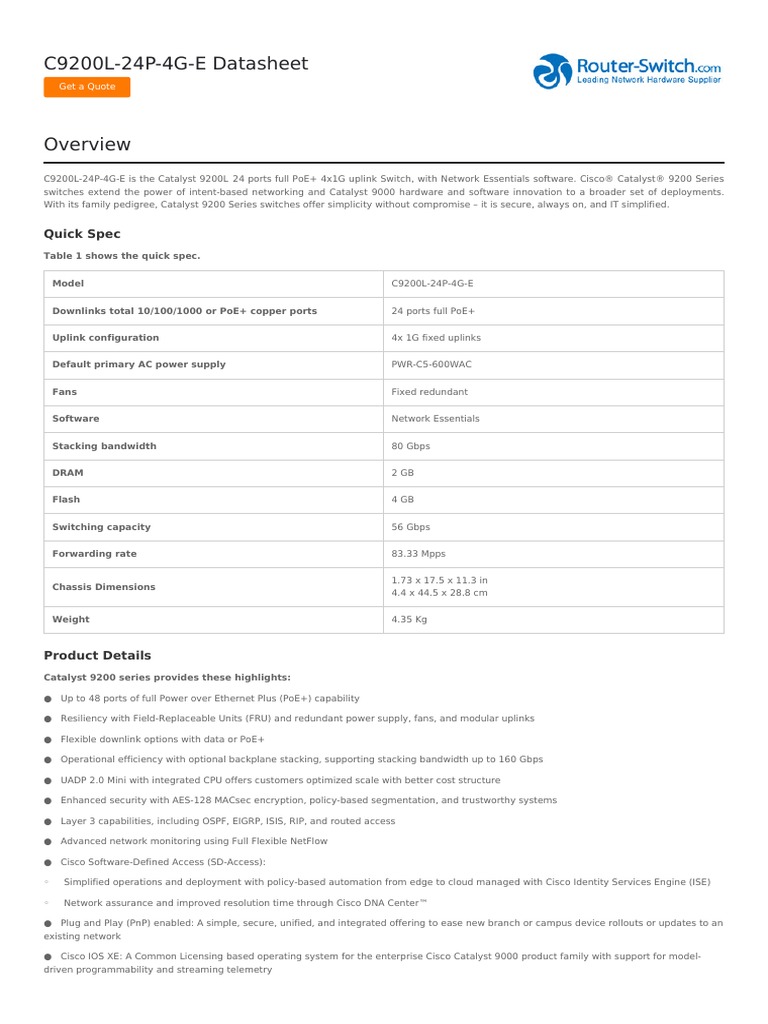 C9200 Datasheet | PDF | Network Switch | Telecommunications Infrastructure