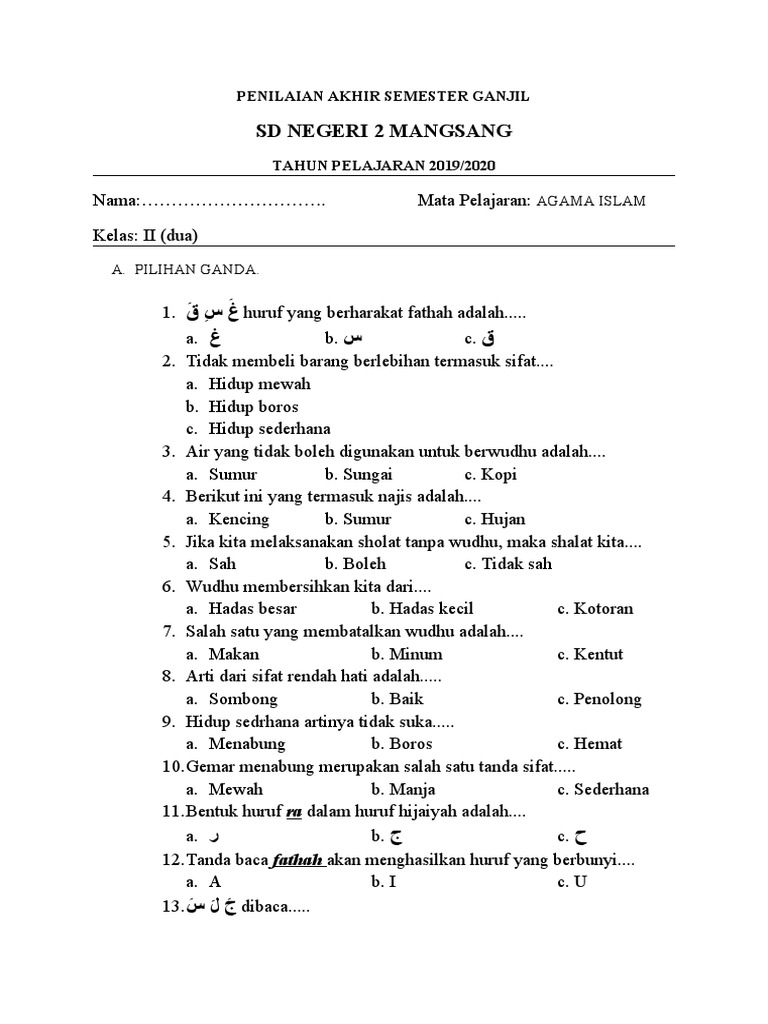 Soal Uas Pai Kelas 2 Semester Ganjil | PDF