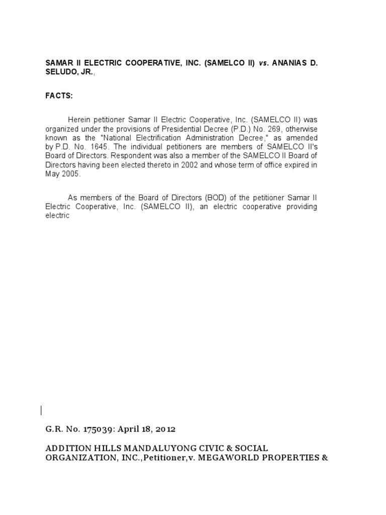 Samar Ii Electric Cooperative, Inc. (Samelco Ii) vs. Ananias D. Seludo ...