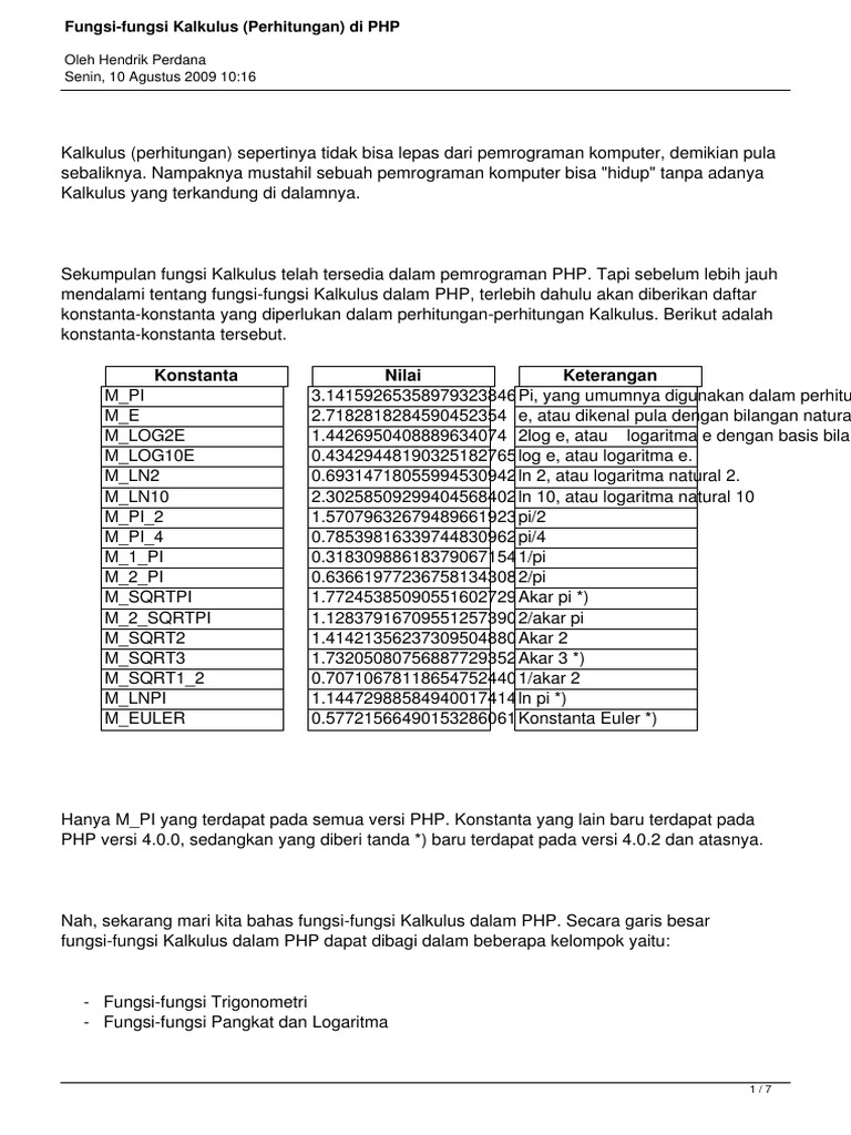Fungsi Fungsi Kalkulus Perhitungan Di PHP PDF | PDF | Metode & Bahan Ajar | Komputer