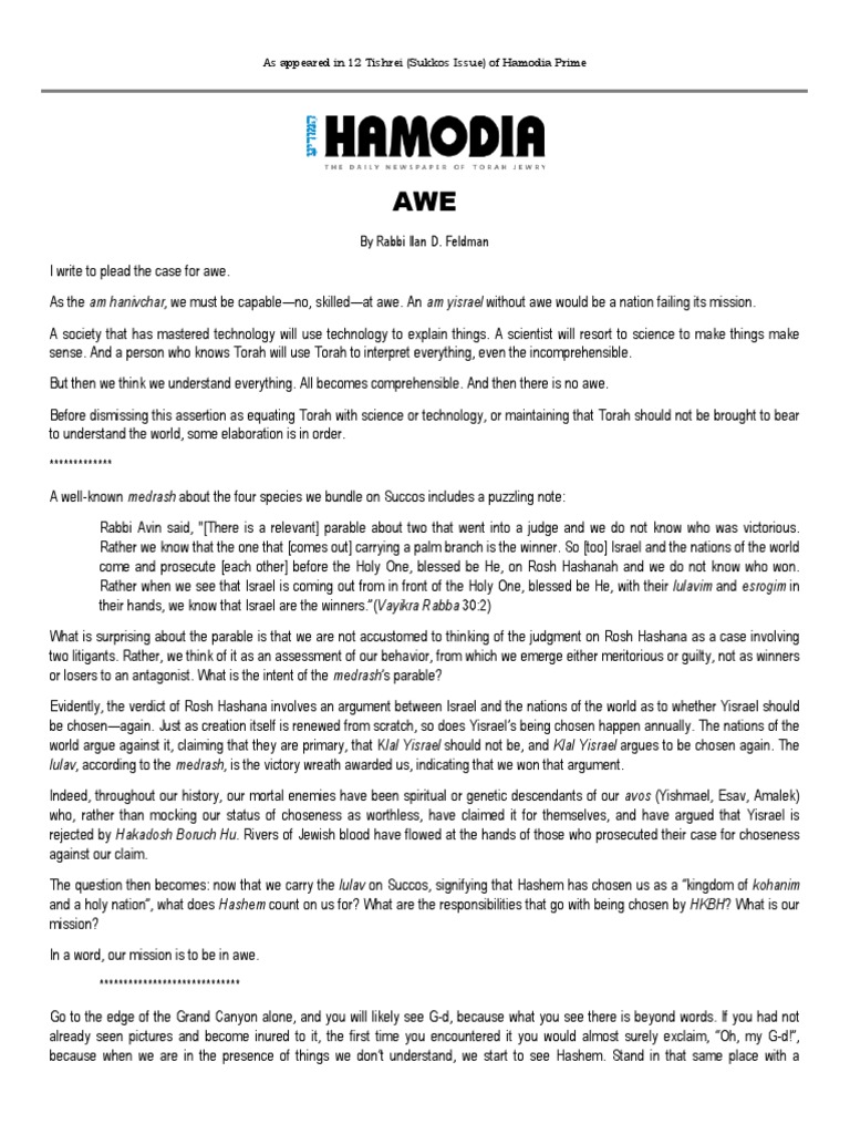 By Rabbi Ilan D. Feldman: As Appeared in 12 Tishrei (Sukkos Issue) of ...