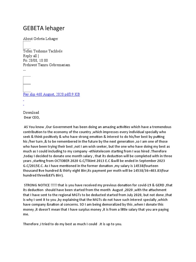 Gebeta Lehager Project Donation Request | PDF