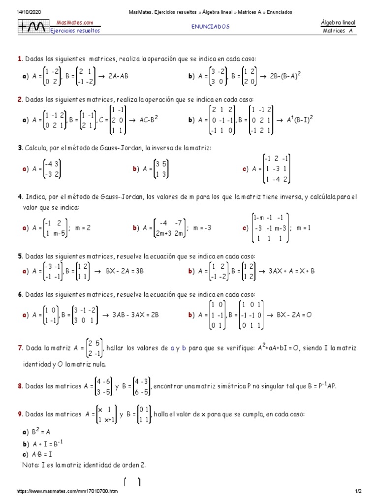 Ejercicios y Problemas Resueltos de Matrices. Colección A. MasMates ...