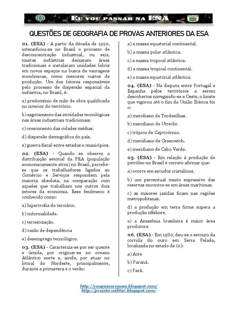 Questões de Provas Anteriores Da ESA - GEOGRAFIA | PDF | Brasil | Bacia ...