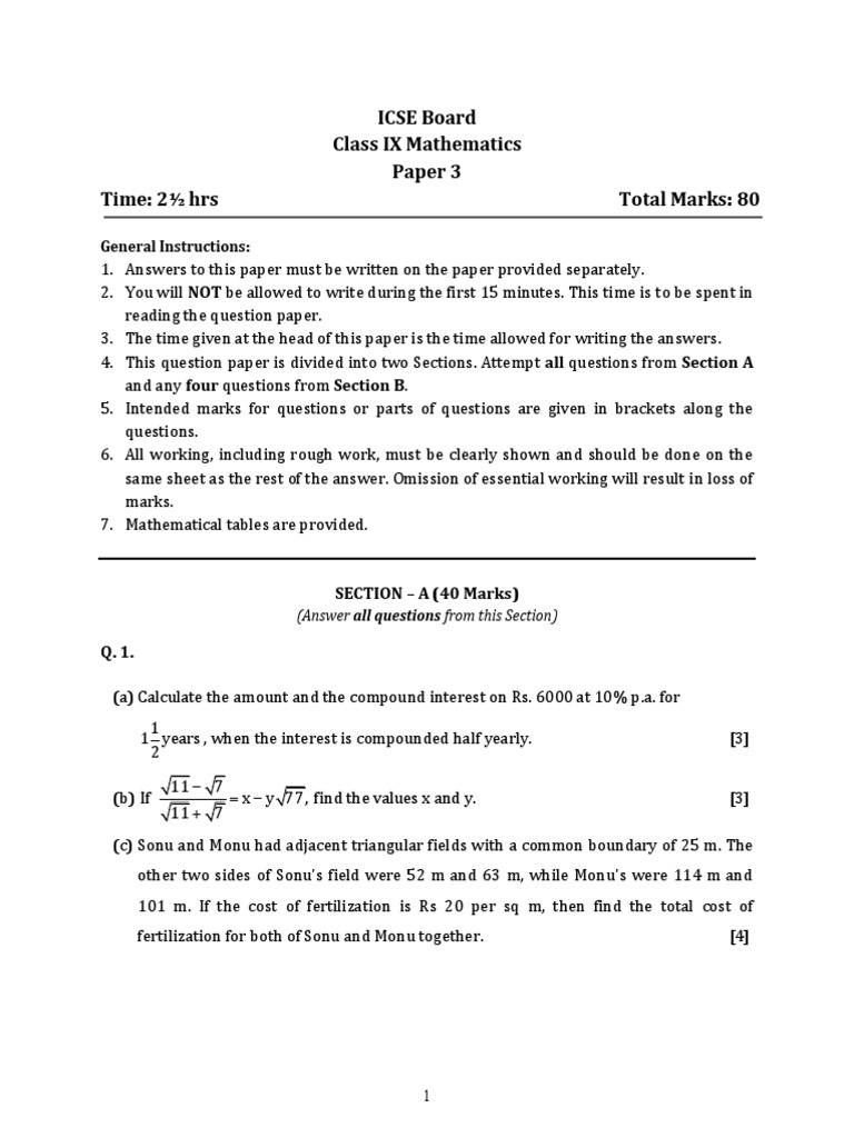 Class 9 ICSE Maths Exam Paper Guide | PDF | Triangle | Angle