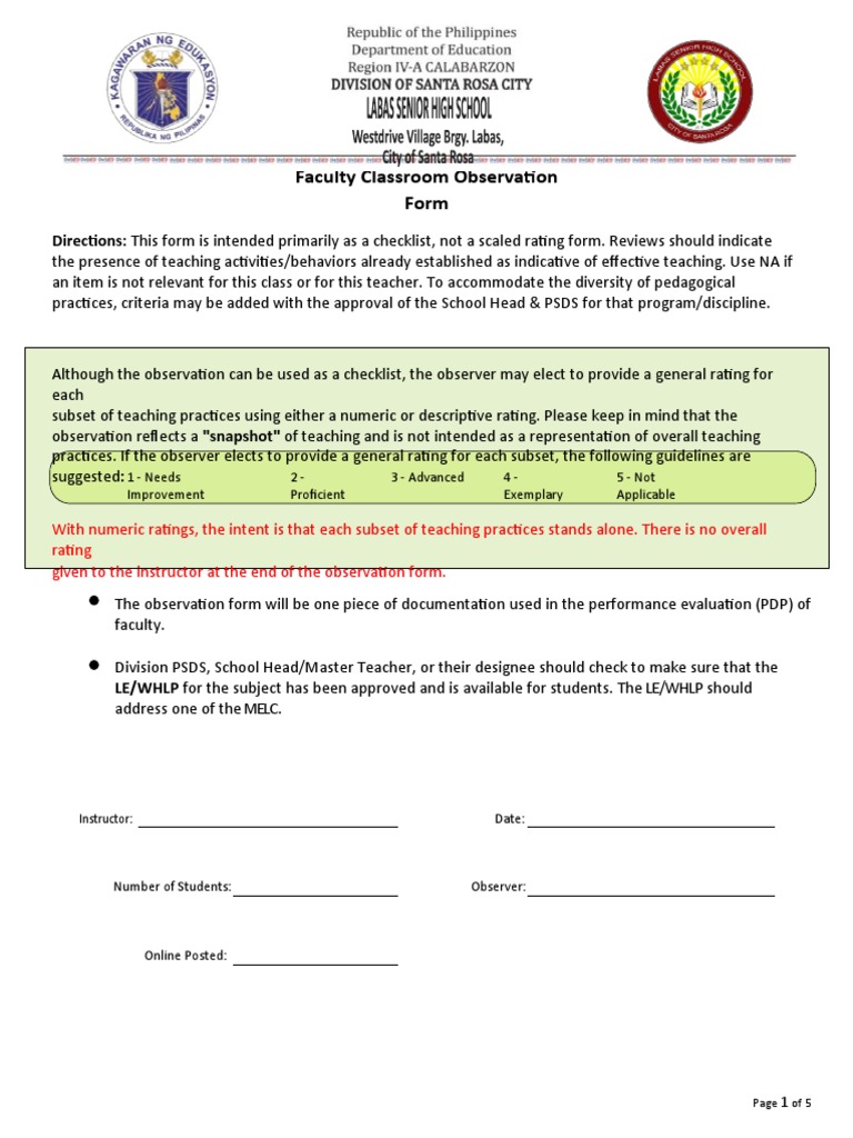 Faculty Classroom Observation Form | PDF | Educational Assessment ...