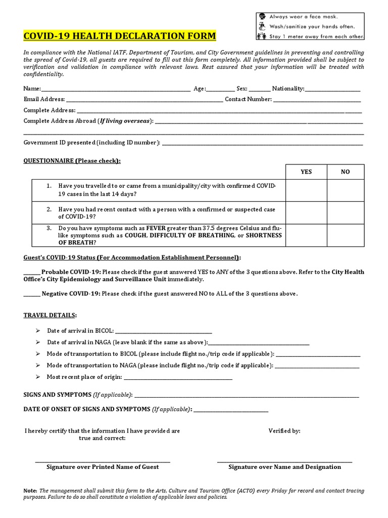 HOTELS Guest Health Declaration Form A4 PDF | PDF | Government | Wellness