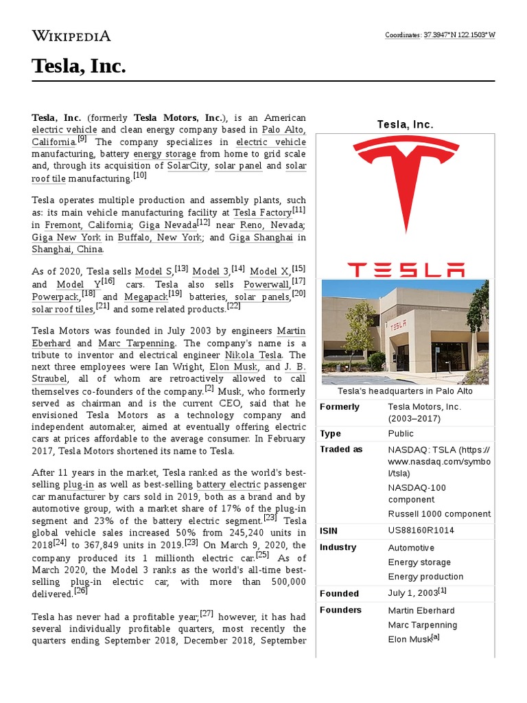 Tesla, Inc PDF | PDF | Tesla Model S | Electric Car