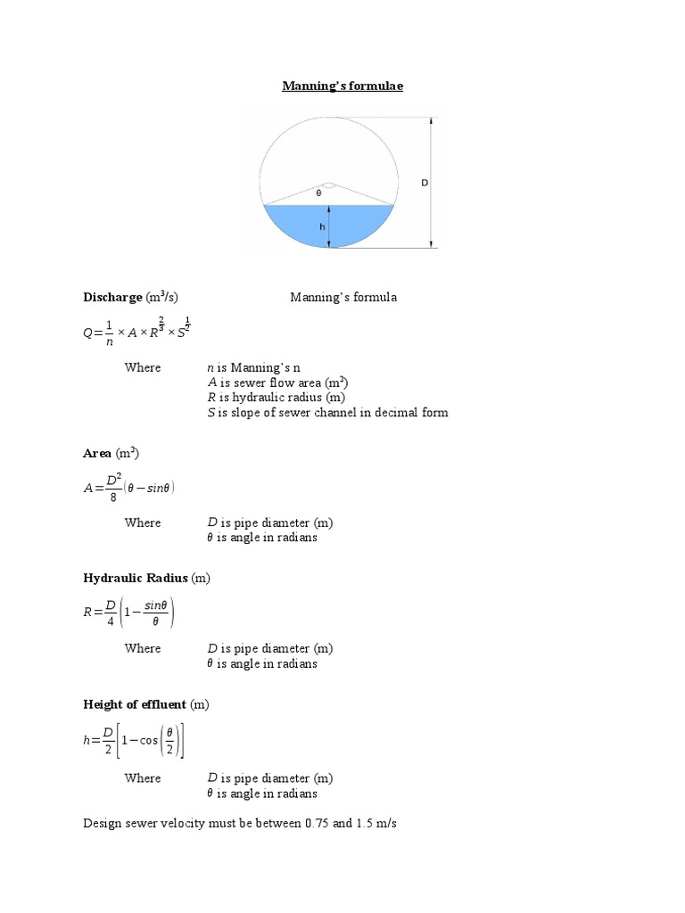 Manning's Formula For Open Channel Flow in Circular Pipes | PDF