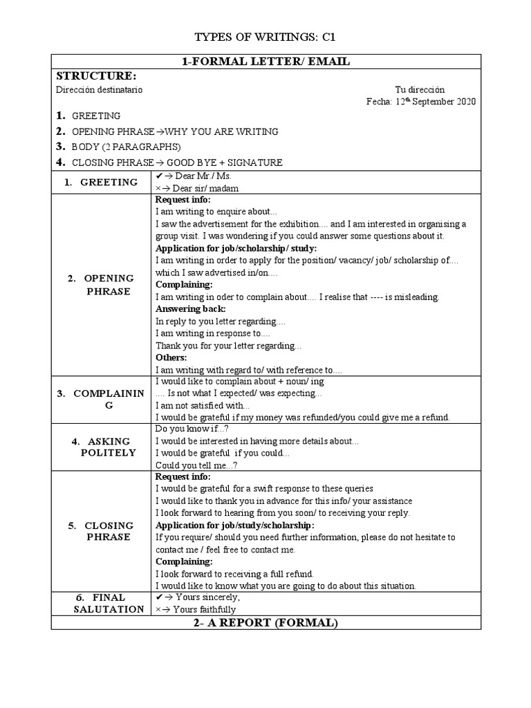 1-Formal Letter/ Email Structure:: Types of Writings: C1 | PDF ...