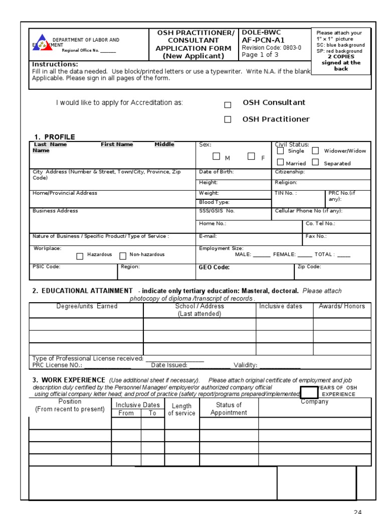 Application Form For Accreditation, OSH Practitioner, Consultant ...