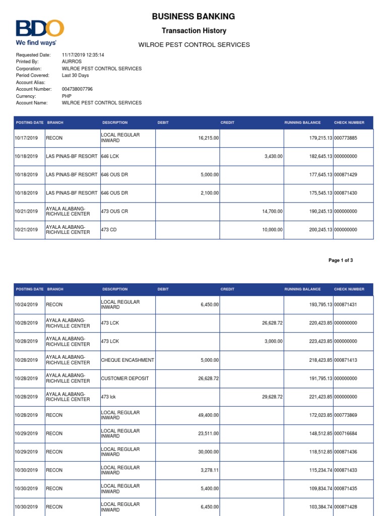 Business Banking: Transaction History | PDF | Debits And Credits ...