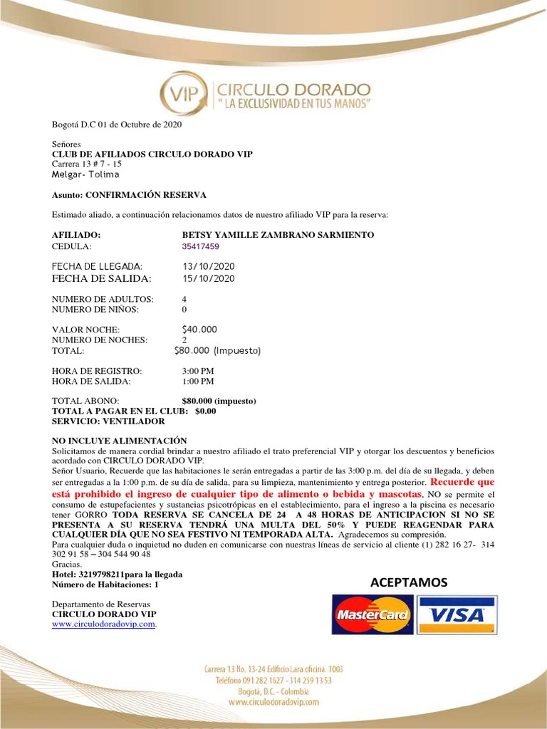 Carta de Reserva Club de Afiliados Circulo Dorado Vip 35417459 Yamile | PDF