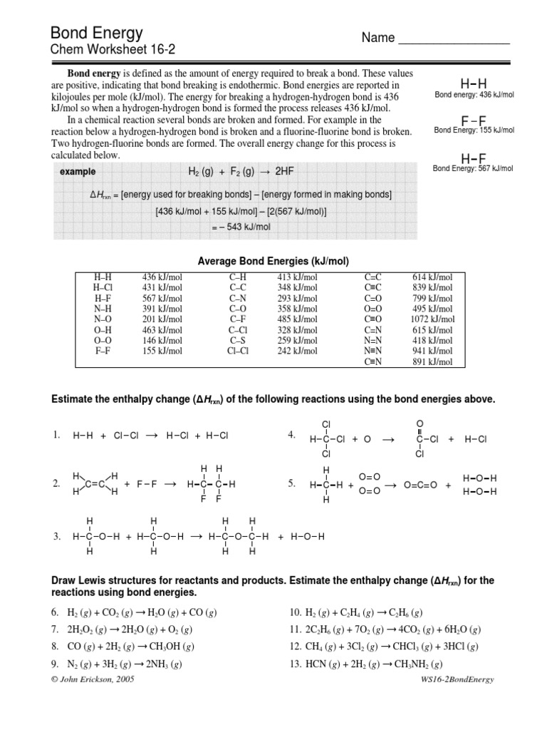 Bond Energy: Name - Chem Worksheet 16-2 H F F F H | PDF | Enthalpy ...