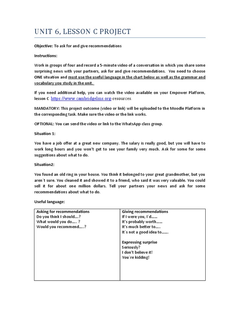 Unit 6, Lesson C Project: - Resources | PDF | Grammar | Learning