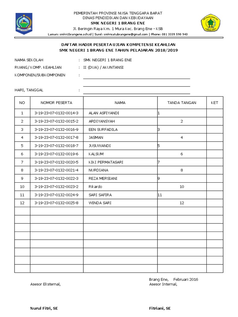 Daftar Hadir Ukk 2019 | PDF