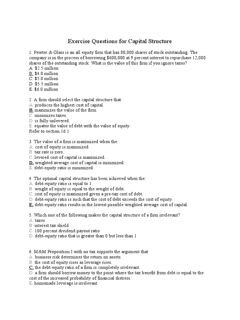 Capital Structure Decision Exercises | PDF | Capital Structure | Cost ...
