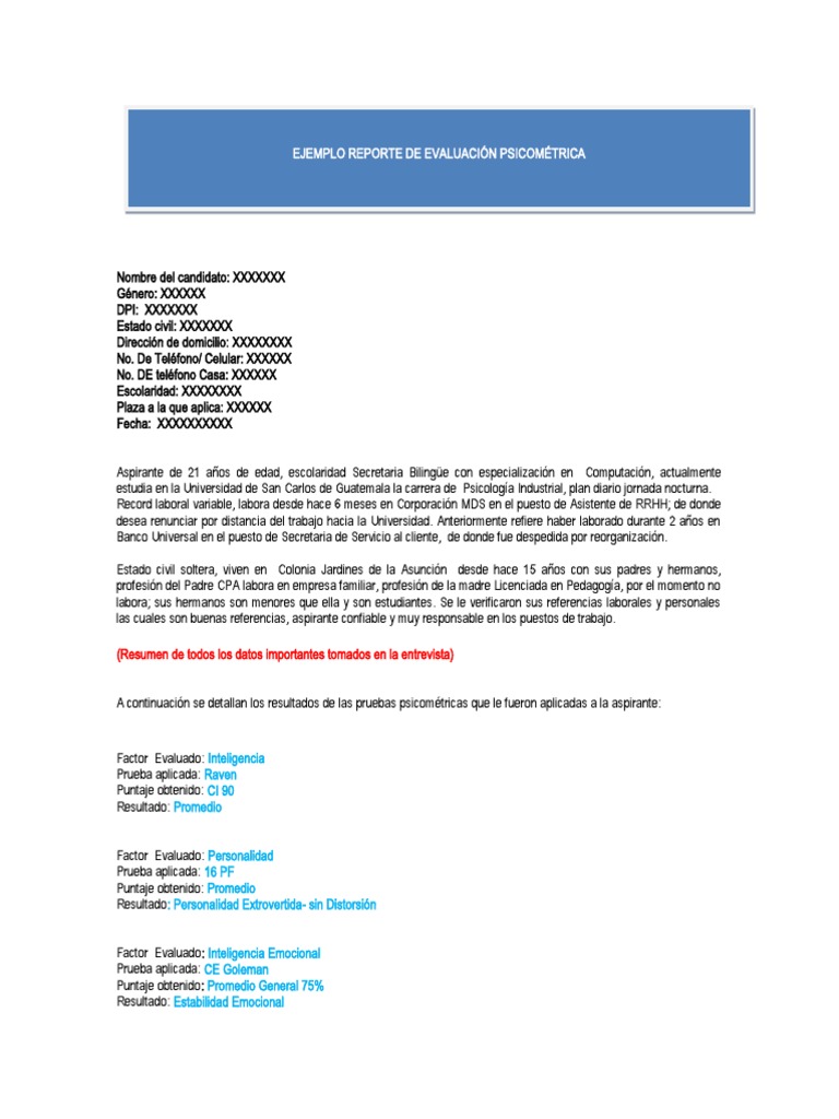 Modelo de Reporte de Evaluaci N Psicom Trica 1 1 | PDF | Inteligencia | Cociente de inteligencia