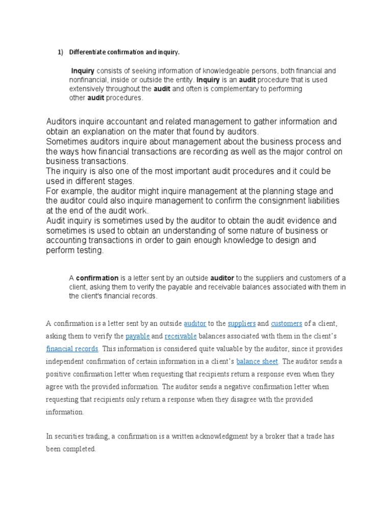 Differentiate Confirmation and Inquiry | PDF | Audit | Financial Services