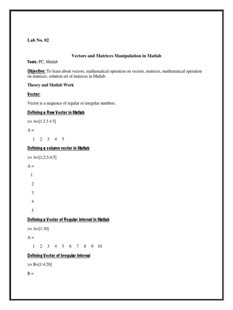 Lab No. 02: Tools: PC, Matlab | PDF | Matrix (Mathematics) | Vector Space