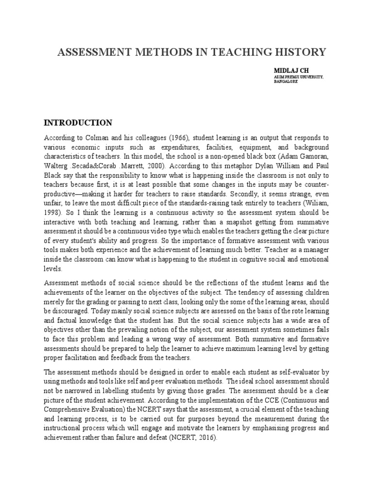 Assessment Methods In Teaching History Midlaj Ch Pdf Educational