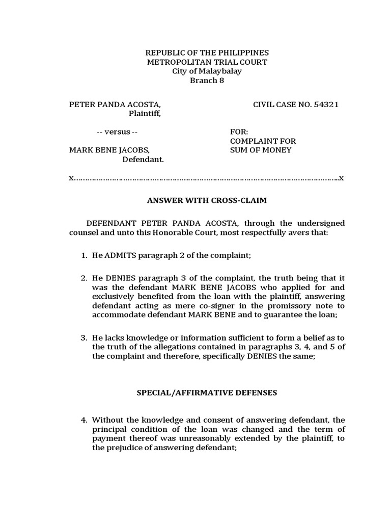 Answer With Cross-Claim | PDF | Complaint | Lawsuit