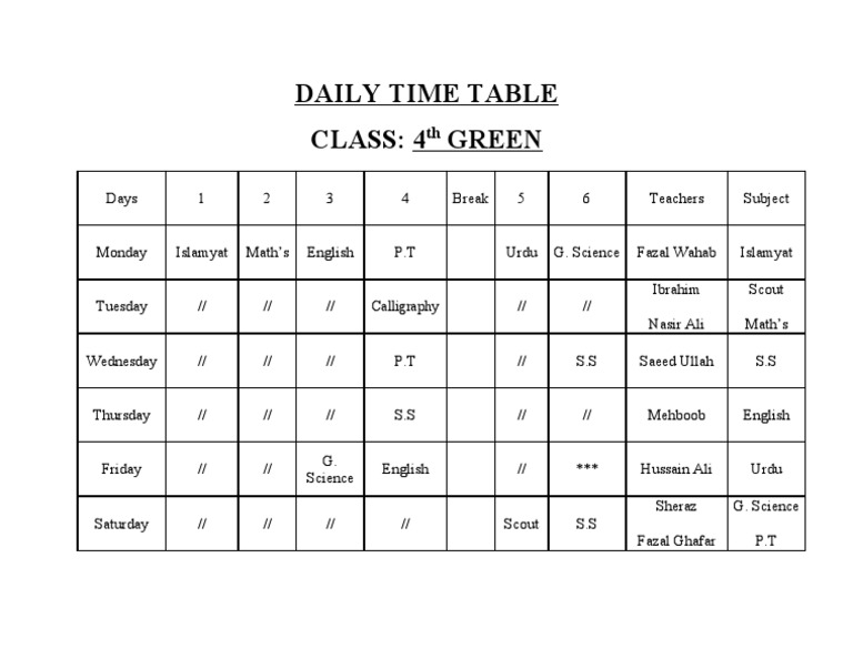 Daily Time Table Class: 4 Green: Calligraphy | PDF