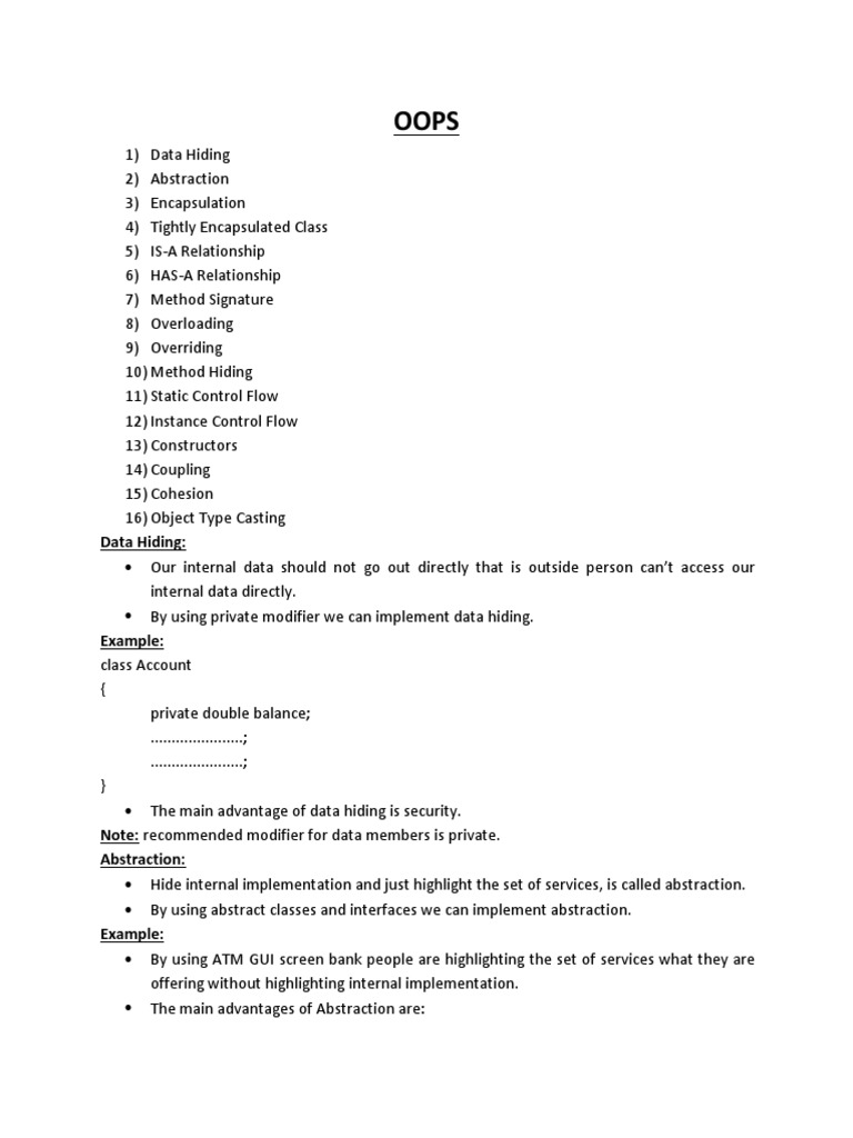 OOPS concepts for data hiding, abstraction, encapsulation, inheritance ...