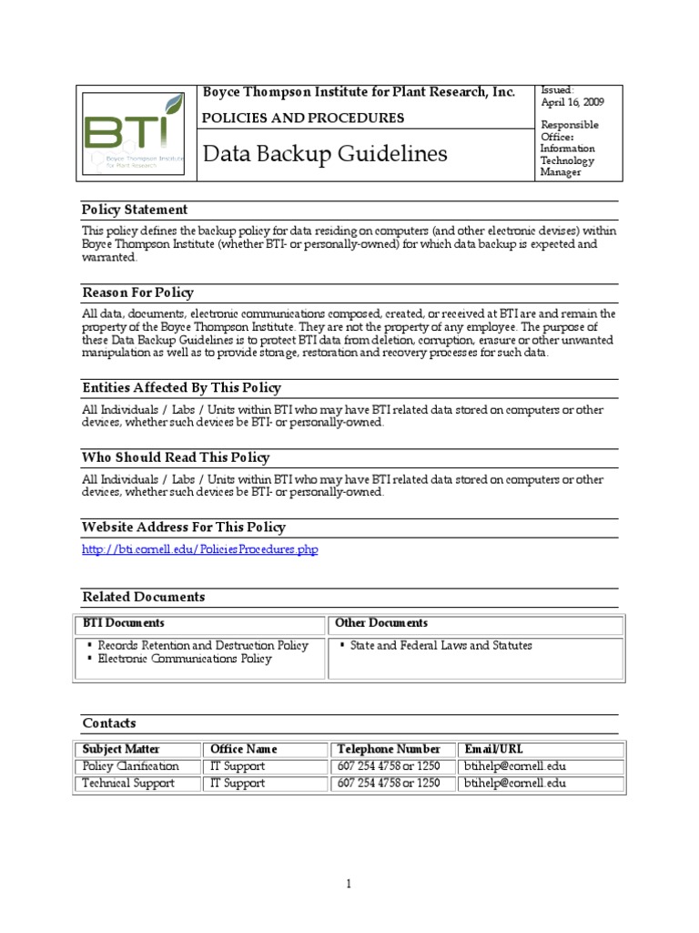 Data Backup Guidelines: Boyce Thompson Institute For Plant Research ...