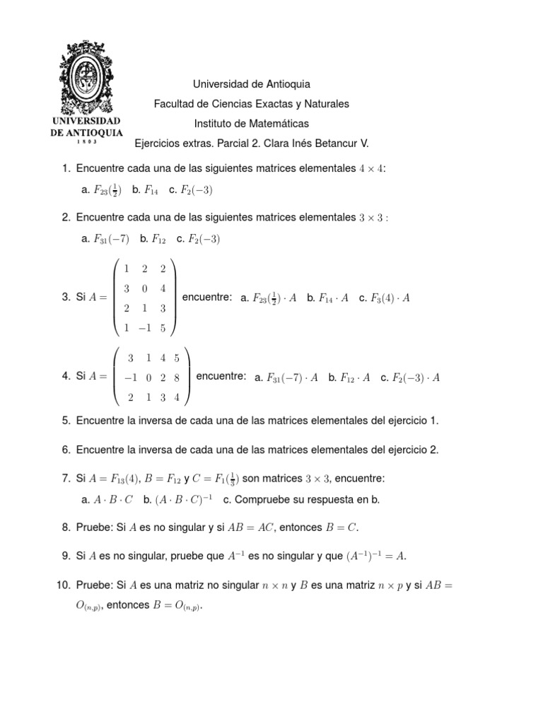Matrices elementales ejercicios parcial | PDF | Matriz (Matemáticas) | Teoría de la matriz