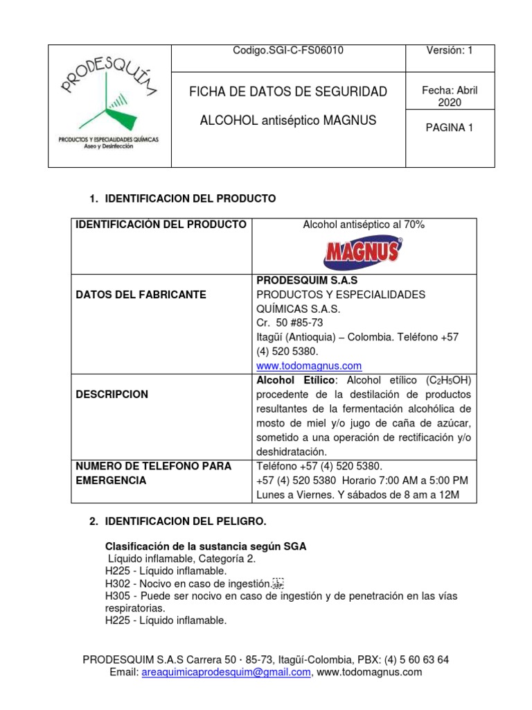 FDS ALCOHOL Antiséptico MAGNUS | PDF | Etanol | Ácido