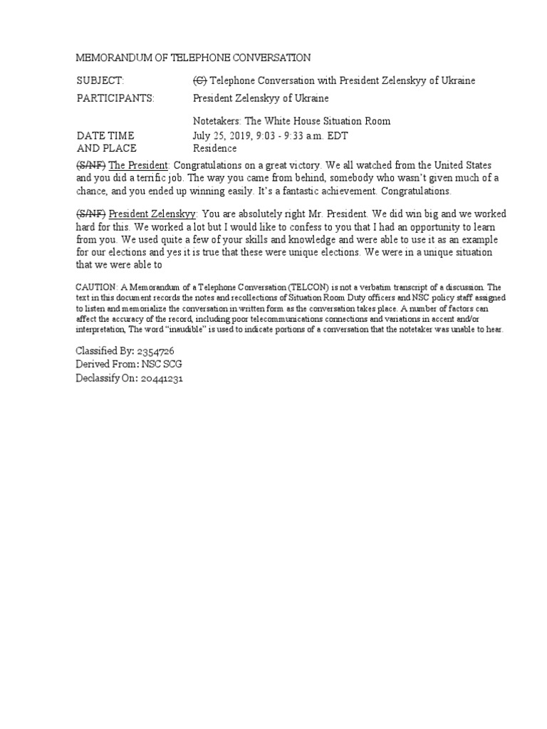 Memorandum of Telephone Conversation | PDF