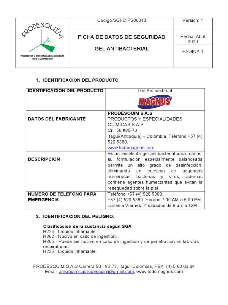 FDS Gel Antibacterial Magnus | PDF | Toxicidad | Agua