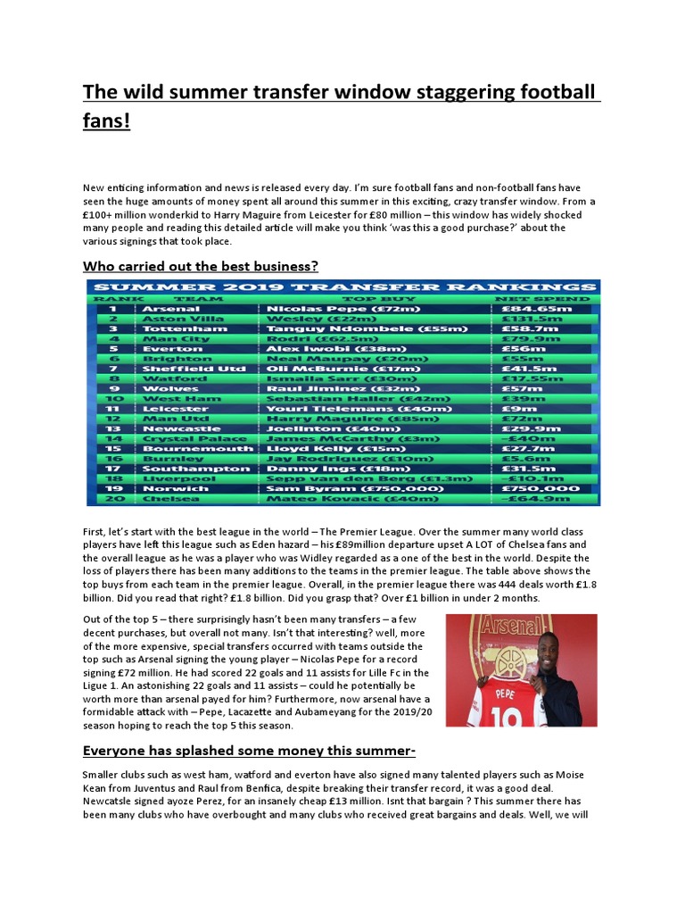 Premier League Transfer Window 2019 Analysis | PDF | Premier League ...