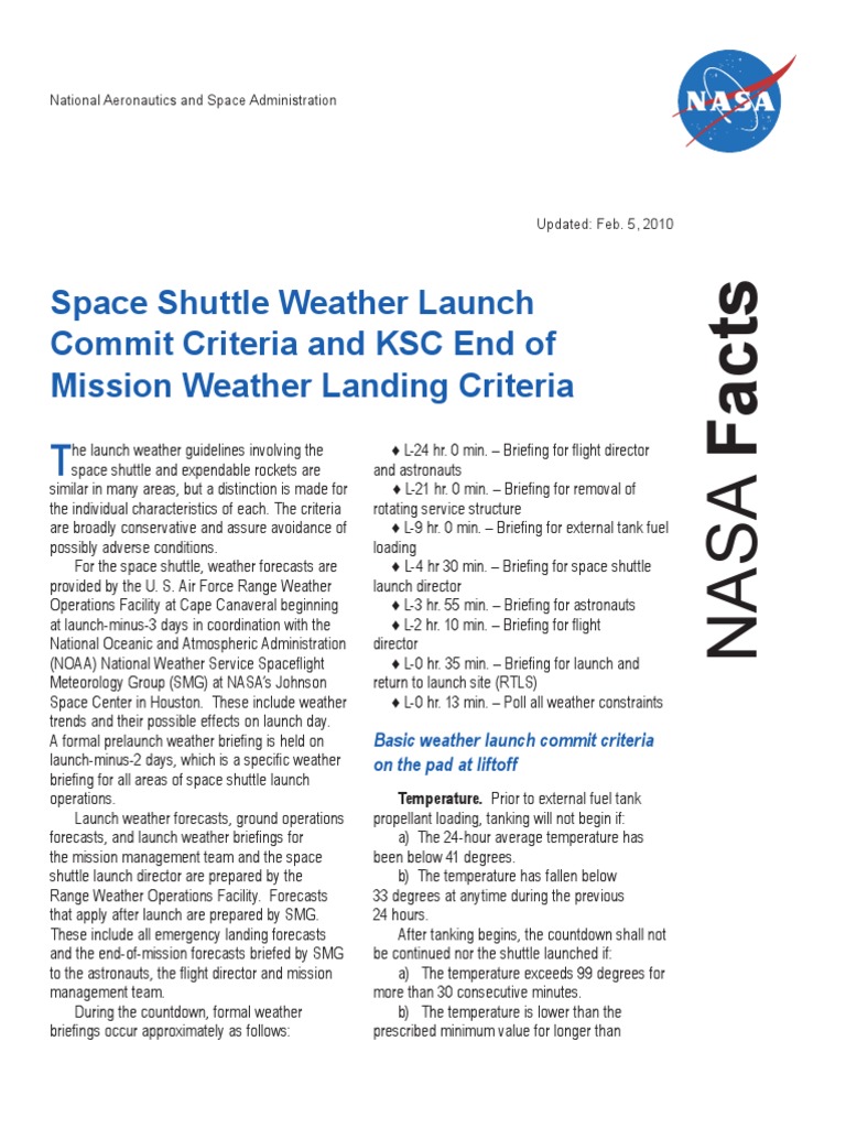 NASA Facts Space Shuttle Weather Launch Commit Criteria and KSC End of ...