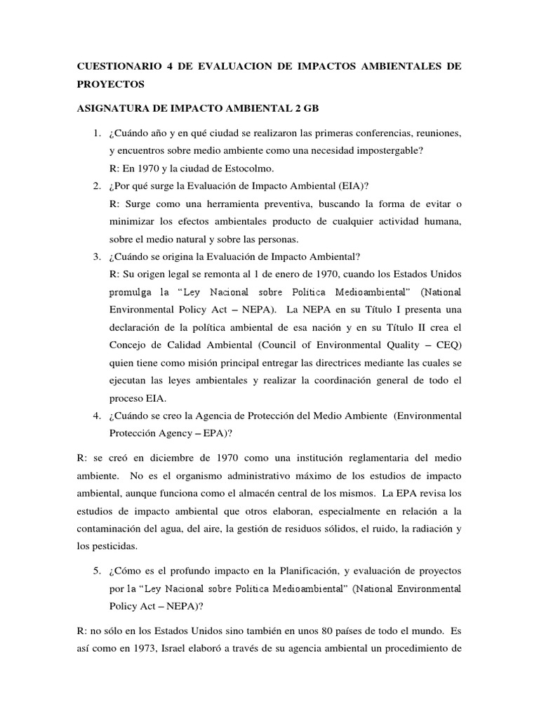 Cuestionario 4 de Evaluacion de Impactos Ambientales de Proyectos | PDF ...