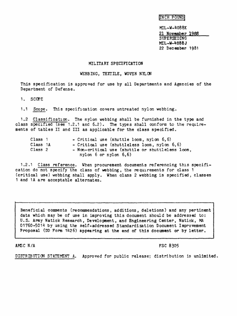 MIL-W-4088 - K (Webbing, Textile, Woven Nylon) PDF | PDF