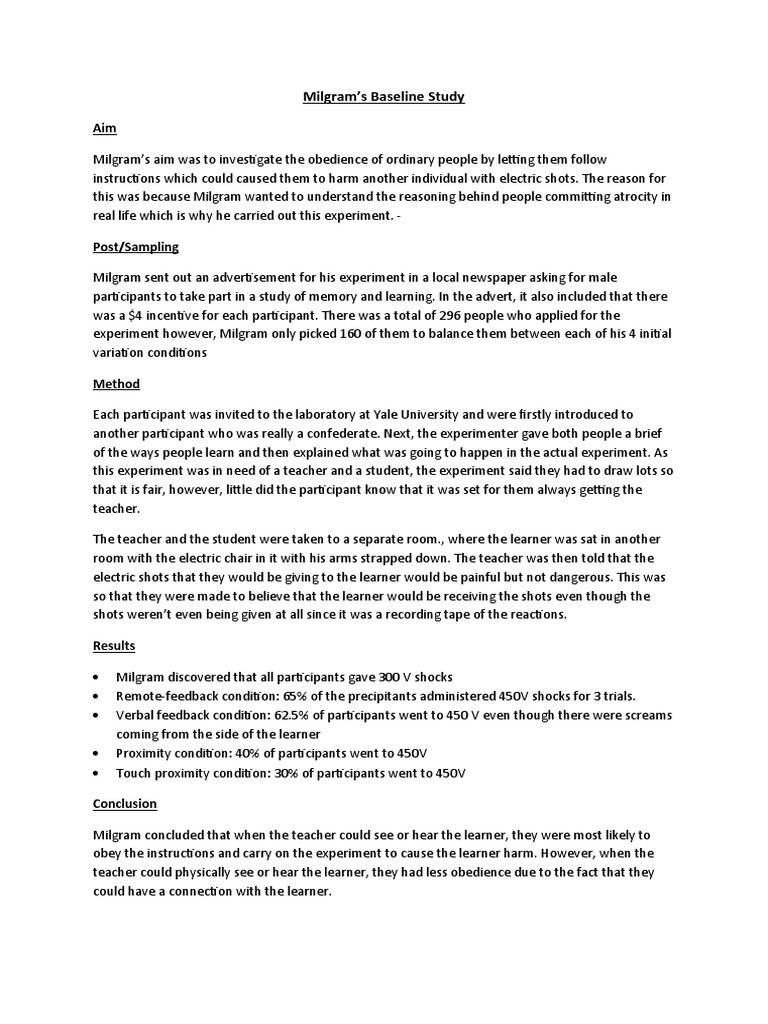 Milgram's Baseline Study | PDF | Obedience (Human Behavior) | Deception