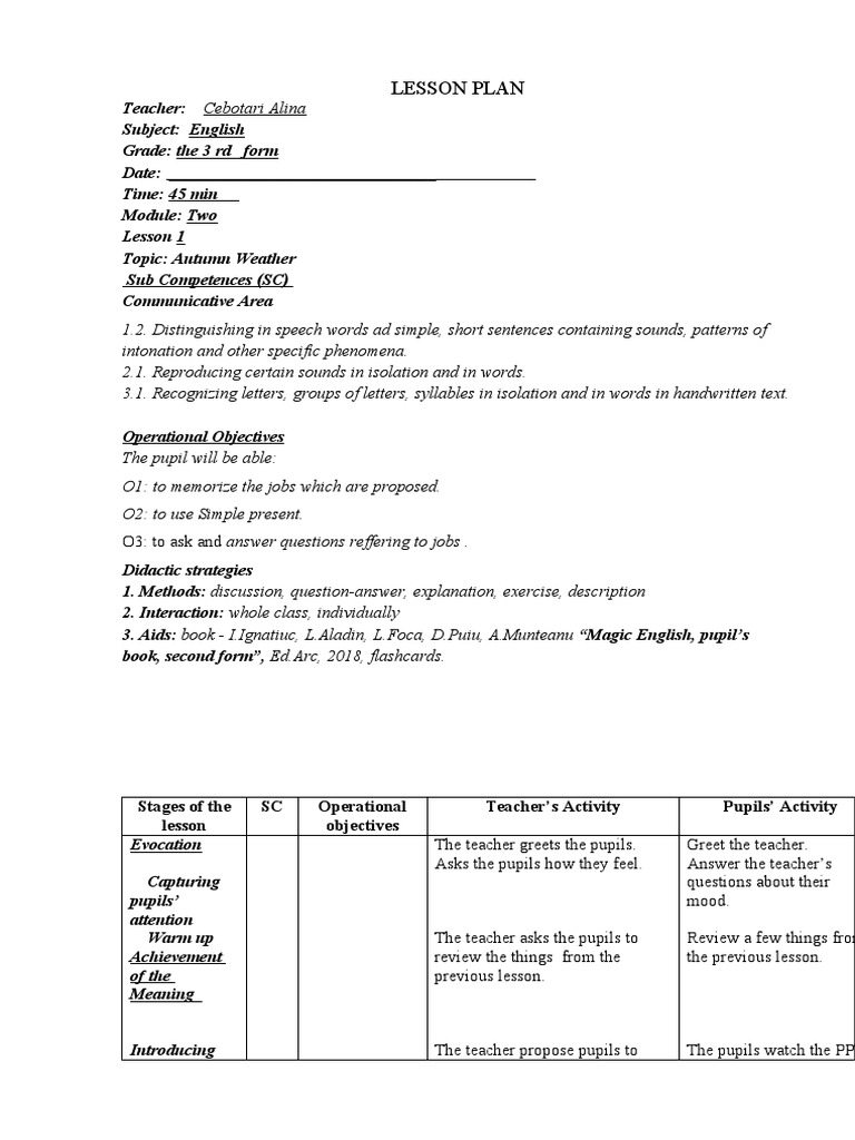 Lesson Plan: Stages of The Lesson SC Operational Objectives Teacher's ...