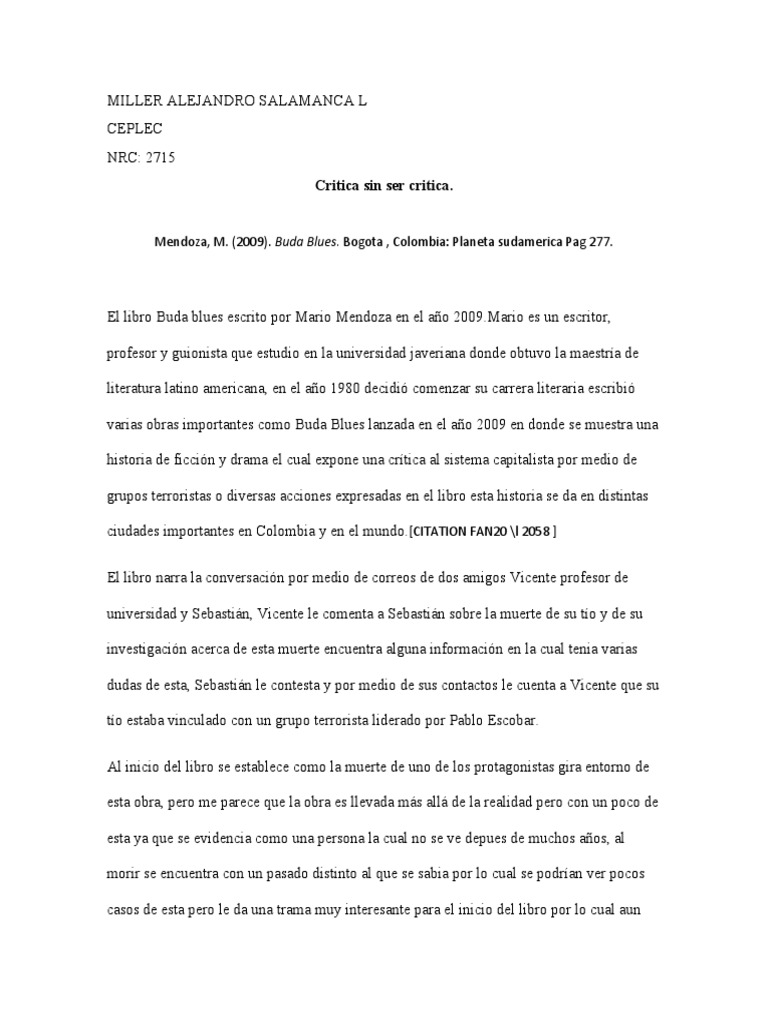 Análisis de "Buda Blues" de Mario Mendoza | PDF | Autor | Libros