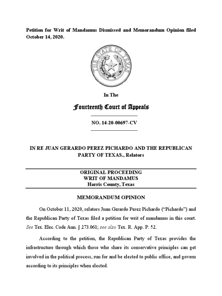 Curbside Voting 14th Appeals Decision | PDF | Standing (Law) | Mandamus
