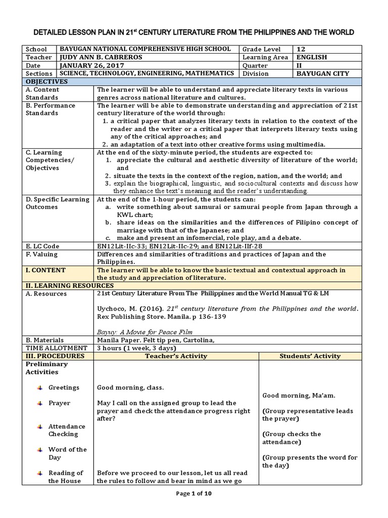 Detailed Lesson Plan in 21 Century Literature From The Philippines and ...