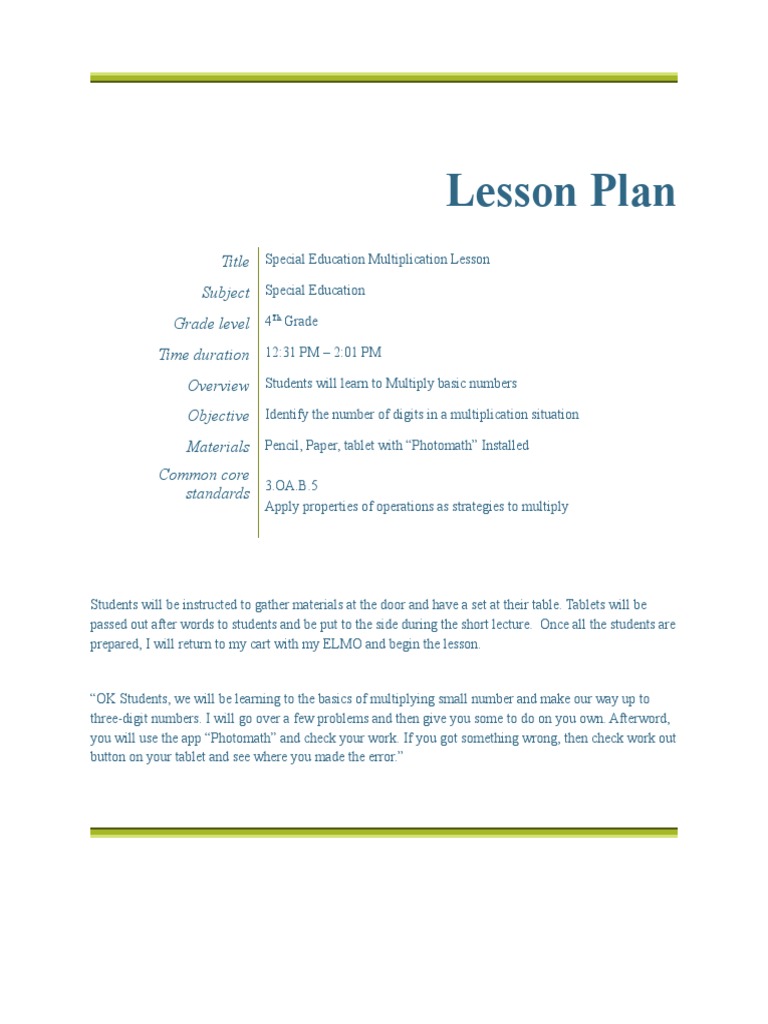 Lesson Plan: Title Subject Grade Level Time Duration Objective ...