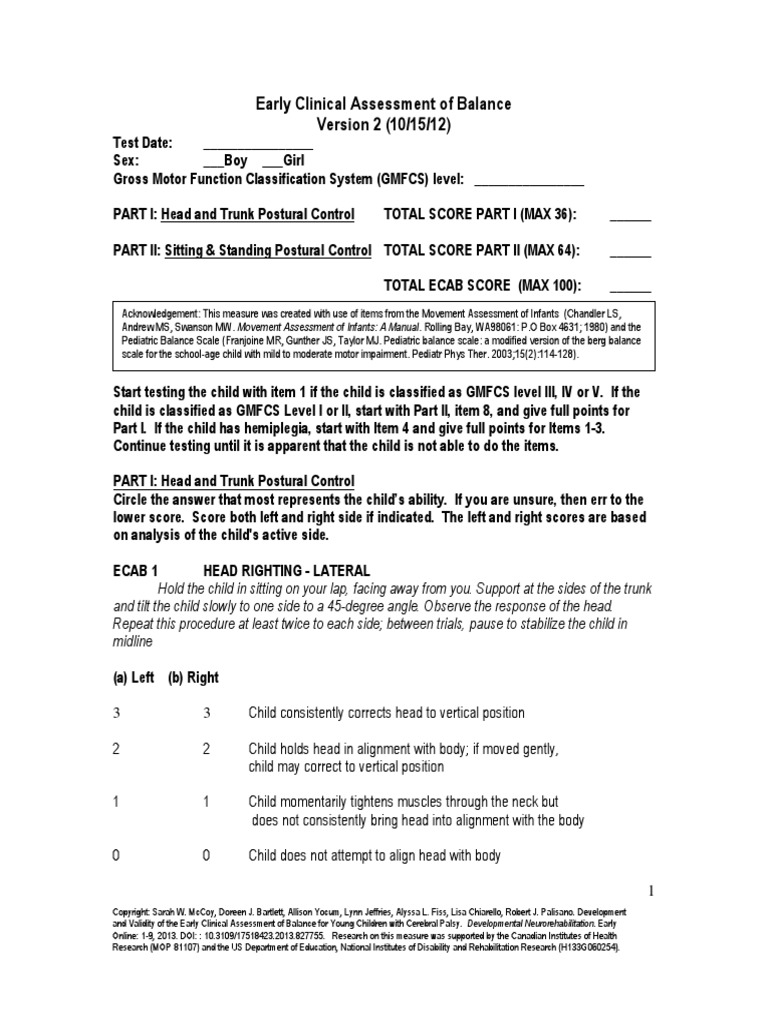Early Clinical Assessment of Balance (ECAB) PDF | PDF | Anatomical ...