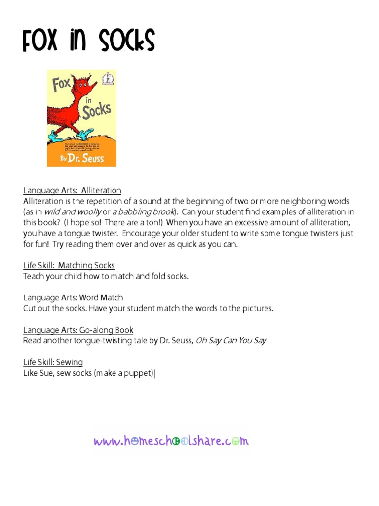 Fox in Socks Tongue Twisters and Matching Activities | PDF