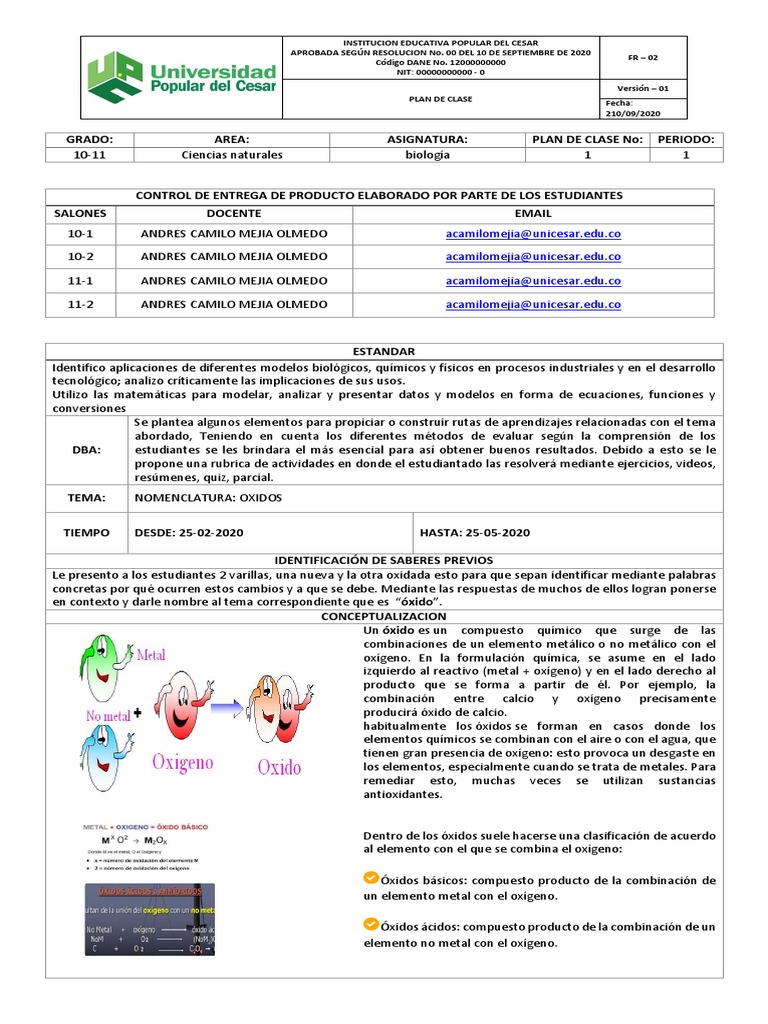 Plan de Clase 1 | PDF | Óxido | Valencia (Química)