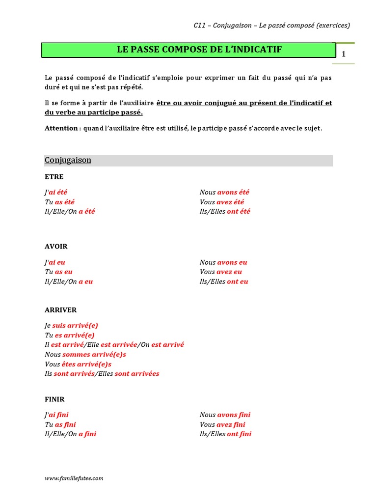 c11 - Conjugaison - Le Passe Compose Exercices PDF | PDF | Conjugaison ...