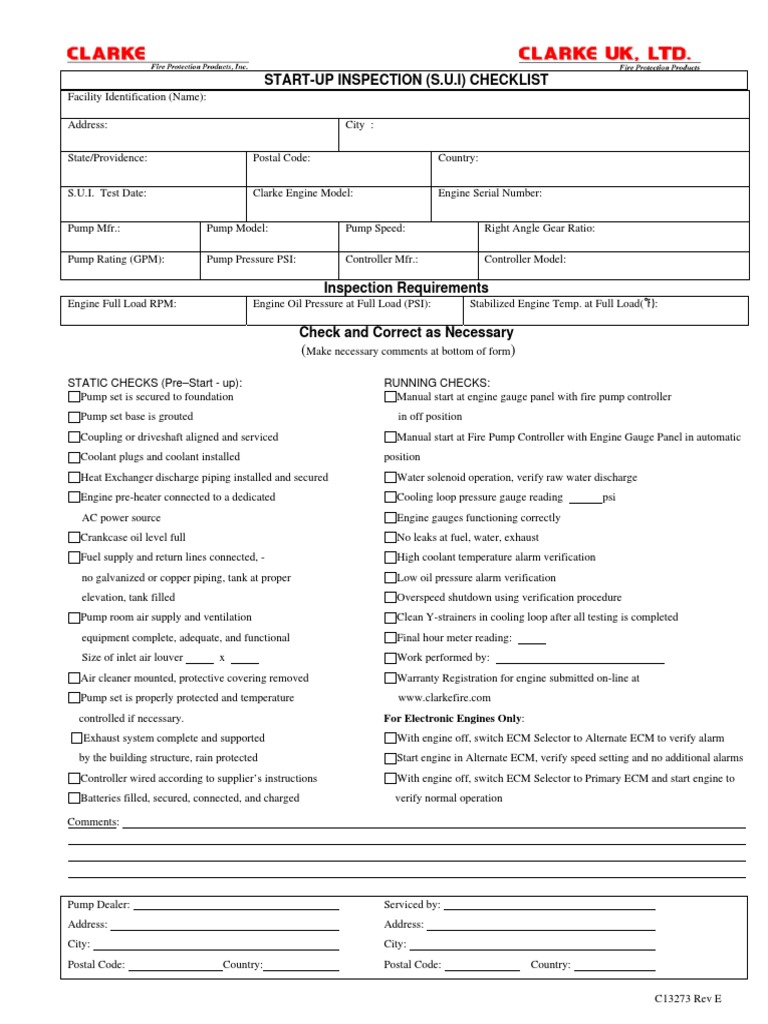 Start-Up Inspection (S.U.I) Checklist: For Electronic Engines Only ...