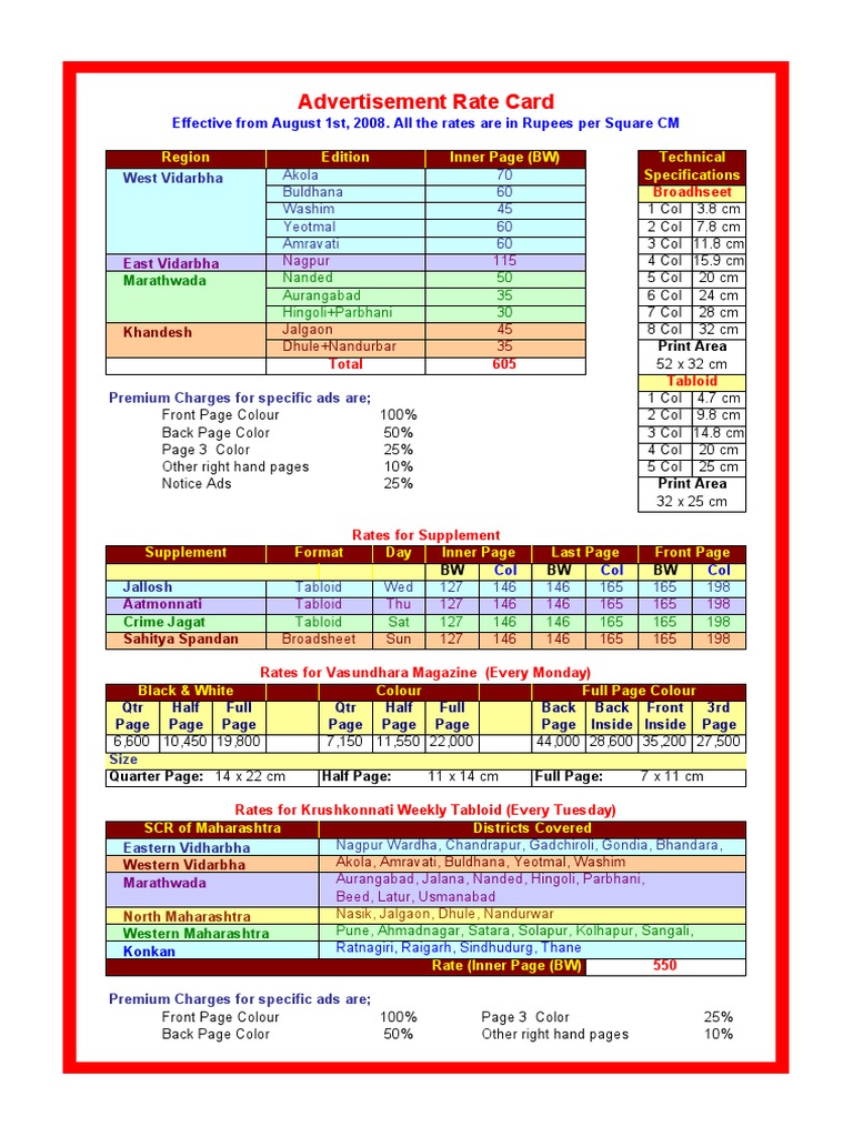 Advertisement Rate Card: Region Edition Inner Page (BW) Technical ...